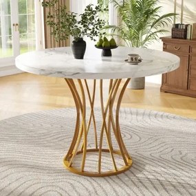 Aosom Kulatý jídelní stůl pro 4 osoby, MDF deska stolu, 80 x 76 cm, Bílá+Zlato