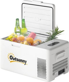 Outsunny Mini lednička s kompresorem 16,8 litrů -20℃ s LED ECO módem, tichý mrazící box pro auto, kamion, loď - Krémově bílá | Aosom