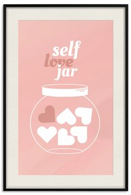 Plakát Sklenice sebelásky - sklenice srdcí a anglické texty na růžovém pozadí