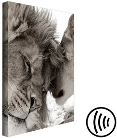 Obraz Šepot (1-dílný) - černobílý romantický portrét lvího páru