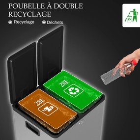 HOMCOM Dvojitý Koš na Odpady do Kuchyně, 2 x 28L, Nerezový Pedálový Koš, 2 Tichá Kryty, Odnímatelné Vnitřní Kbelíky, Ochrana proti Otiskům prstů 45.8x