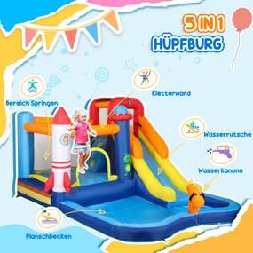 AIYAPLAY 5 v 1 skákací hrad s ventilátorem, rychle nafukovatelný, nosnost až 90 kg, pro děti 3-8 let, 3,6x2,5x1,95 m, vícebarevný