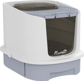 Záchod pro kočky s víkem Vstup přes hlavu Výsuvná vanička s lopatkou pro kočky do 4,5 kg, 40,5x52,5x42,5 cm Šedá barva