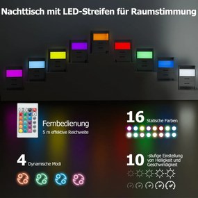 Costway Noční stolek s LED světly a nabíjecí stanicí s 2 zásuvkami a otevřeným