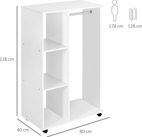HOMCOM Skříň na oblečení na kolečkách s otevřenými policemi, organizér na zavěšení oblečení v ložnici 80x40x128cm Bílá