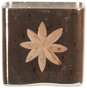 Hnědozlatý skleněný svícen na čajovou svíčku s květinou – 7x7x9 cm