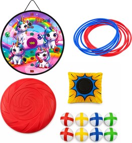 LEAN Toys Obratnostní hra „Hod na terč“ 4 v 1 – terč, deska, jednorožci, obruče, frisbee