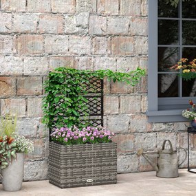 Outsunny Zahradní Truhlík s Trellis pro Popínavé Rostliny, Vyvýšený Truhlík se 2 Vnitřními Květináči, Ocelový Rám a PE Ratan, 57x30x107cm, Šedá