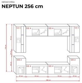 Ral Obývací stěna NEPTUN 4, 256 cm - Černý lesk