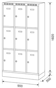 Alfa 3 Šatní skříňka S6 s úložnými boxy na soklu, 9 boxů, 1920 x 900 x 500 mm, otočný zámek, tmavě šedé dveře