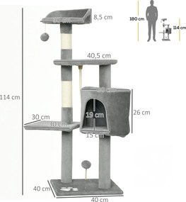 Strom pro kočky PawHut s více vybavením - škrabadla, platformy, skrýš, lanové hračky 40D x 40Š x 114V cm Šedý