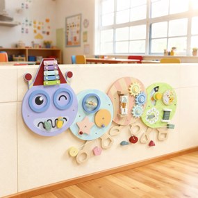 AIYAPLAY 7v1 nástěnné hračky, xylofon, ozubená kola, design housenek, MDF, 108 cm, barevné
