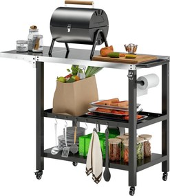 Outsunny 3-úrovňový grilovací vozík BBQ s kolečky, nerezová pracovní deska, skládací boční stůl a rukojeť, stůl pro pizza pec do zahrady nebo na teras