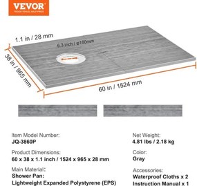 Sada sprchového obrubníku, 1524 × 965 mm Sada sprchové vaničky se 160 mm