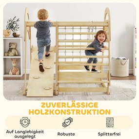 AIYAPLAY Vnitřní horolezecká konstrukce, 6v1 design, skluzavka, lezecké tyče, lezecká stěna, žebřík, lezecká síť, 3-6 let, dřevo