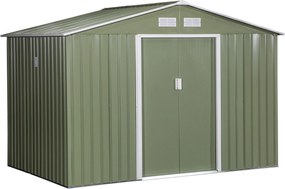 Outsunny Kůlna na nářadí 4,9 m², Zahradní domek s štítovou střechou, Posuvné dveře, Základna, 277 x 195 x 192 cm, Kůlna z pozinkované oceli, Odolná vů