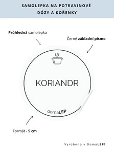 Samolepka na kořenky KORIANDR průhledná 5 cm základní písmo