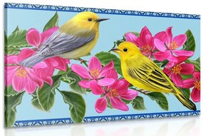 Obraz ptáčky a květiny ve vintage provedení - 90x60 cm