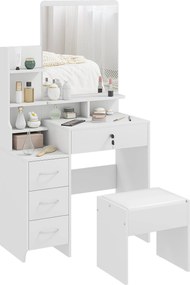 HOMCOM Toaletní stolek s taburetem a zrcadlem, toaletní stůl se 4 zásuvkami, 4 úložnými prostory, moderní styl, 80x38x143 cm Bílá | Aosom