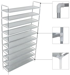 Botník s 10 policemi kov a netkaná textilie stříbrný