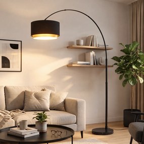 Moderní oblouková stojací lampa černá s dvojitým stínidlem černá se zlatou - XXL