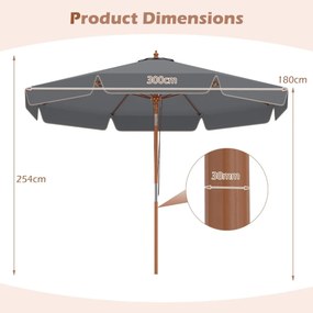 Costway 300 cm vroubkovaný slunečník s naklápěcím mechanismem s dřevěnou tyčí