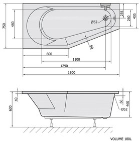 Polysan TIGRA L asymetrická vana 150x75x46cm, bílá, 72928