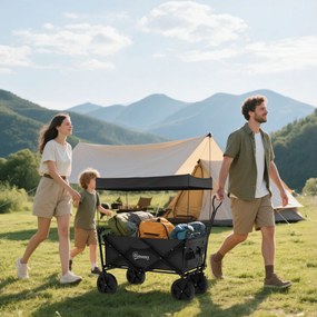 Skládací ruční vozík Outsunny se sluneční stříškou, přepravní vozík s nosností až 110 kg, ruční vozík s taškou, Oxford černá, pro zahradu a výlety | …