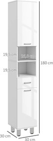 kleankin Moderní Koupelnová Skříň s 1 Zásuvkou, 3 Nastavitelnými Policemi a 2 Skříňkami pro Obývací Pokoj a Ložnici 30x30x180 cm Bílý Lesk
