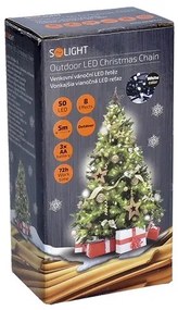 SOLIGHT LED venkovní vánoční řetěz, 50 LED, 5m, 3m přívod, 8 funkcí, IP44. 3x AA, studená bílá