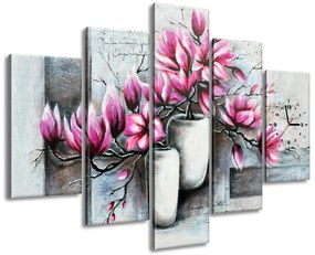 Gario Obraz s hodinami Růžové magnolie ve váze - 5 dílný Rozměry: 150 x 70 cm