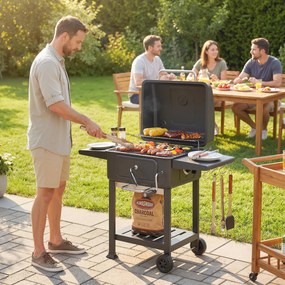 Outsunny Gril na dřevěné uhlí BBQ udírna s víkem Teploměr výškově nastavitelná pánev na dřevěné uhlí Komín Grilovací rošt Boční stolek Popelník