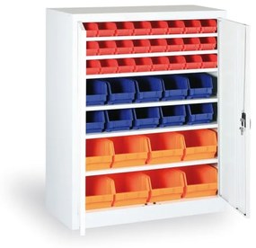 Skříň s plastovými boxy BASIC - 1150 x 400 x 920 mm, 16xA/12xB/8xC, šedá/šedé dveře