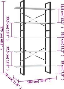 Knihovna s 5 policemi bílá 100 x 30 x 175 cm kompozitní dřevo 3081998