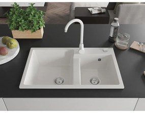 Mexen Tomas, granitový dřez 800x500x190 mm, 2-komorový a bílá baterie Telma, bílá, 6516-20-670200-20