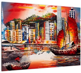 Skleněný obraz - Victoria Harbor, Hong Kong, olejomalba (70x50 cm)