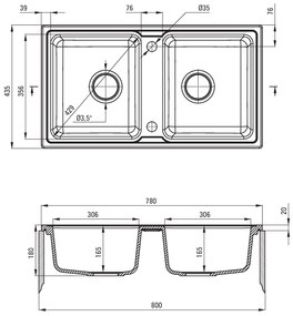 Deante Zorba, granitový dřez 780x435x180 mm B/O, 3,5" + prostorově úsporný sifon, 2-komorový, bílá, ZQZ_A203