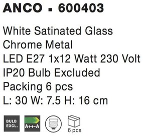 Nova Luce Nástěnné svítidlo ANCO matné bílé sklo chromovaný kov E27 1x12W
