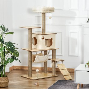 PawHut dřevěný kočičí strom s prolézačkou a kočičí jeskyní, jutové špalky, míčky na hraní, žlutý, 60x40x130cm pro aktivní kočky | Aosom.de