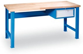 Dílenský pracovní stůl GD se závěsným boxem na nářadí, buková spárovka, 1 zásuvka, 2000 x 800 x 850 mm, modrá
