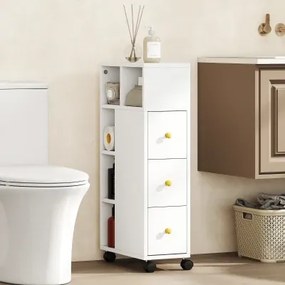 HOMCOM úsporná koupelnová skříňka na kolečkách, 3 zásuvky a 5 přihrádek s nastavitelnými policemi, 20x40x80 cm, bílá