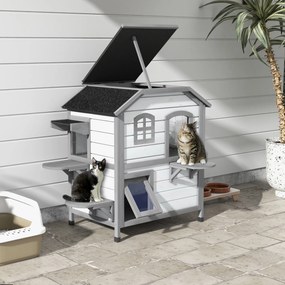 Dřevěný domek pro kočky PawHut, venkovní domek pro kočky se schody, 2 patra, domek pro malá zvířata pro kočky do 4,5 kg, bílý, 78 x 55,5 x 91 cm | Ao…