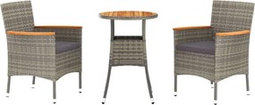 3dílný zahradní bistro set s poduškami šedý polyratan 3187430