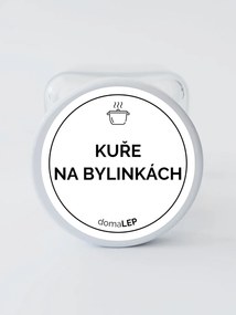 Samolepka na kořenky KUŘE NA BYLINKÁCH bílá 5 cm tučné písmo