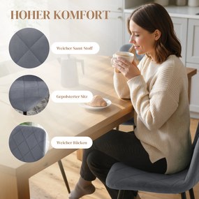 HOMCOM Sada 4 moderních jídelních židlí potažených sametem se ocelovými nohami do obývacího pokoje 45x54x87 cm Šedá