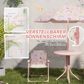 Dětský zahradní set AIYAPLAY - 4dílný stůl a židle s nastavovatelným slunečníkem v designu duhy