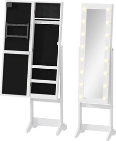 HOMCOM LED šperkovnice se zrcadlem, zrcadlová skříňka, stojací zrcadlo, police na šperky, nastavitelný zrcadlo, krémově bílá, výška 136 cm