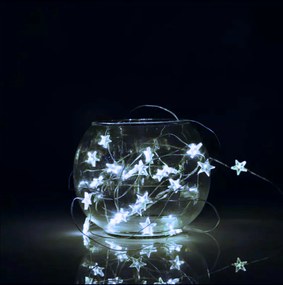 Vnitřní LED vánoční mini řetěz - hvězdičky, 4m, 40 LED diod, studená bílá, na baterie