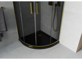 Mexen Rio, čtvrtkruhový sprchový kout s posuvnými dveřmi 80 (dveře) x 80 (dveře) x 190 cm, 5mm šedé sklo, zlatý profil + černá sprchová vanička SLIM, 863-080-080-50-40-4170G