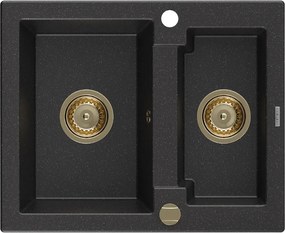 Mexen Carlos, granitový dřez 582x475x177 mm, 1,5-komorový, černá-stříbrná metalíza se zlatým sifonem, 6518581500-73-G